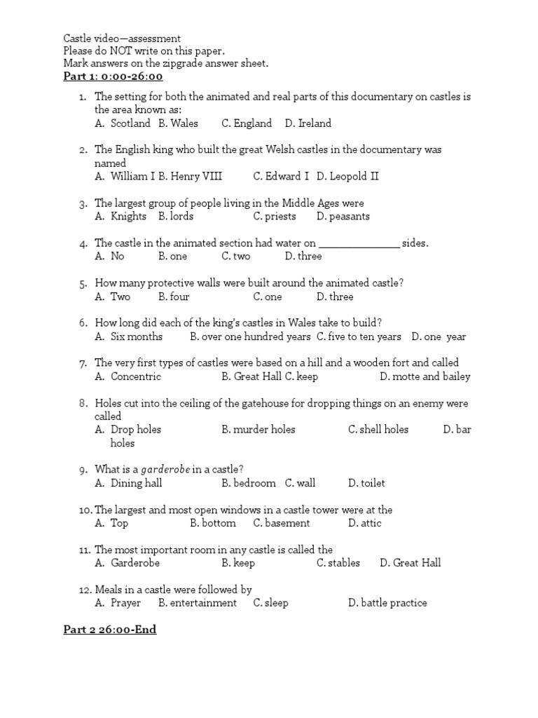 Castle Video Assessment | PDF | Castle | Middle Ages