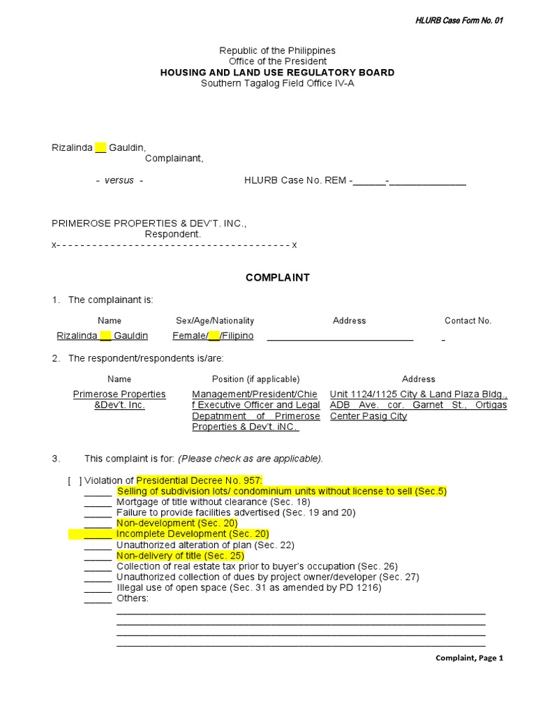 Case Form 01 - REM Complaint | PDF | Evidence (Law) | Plaintiff