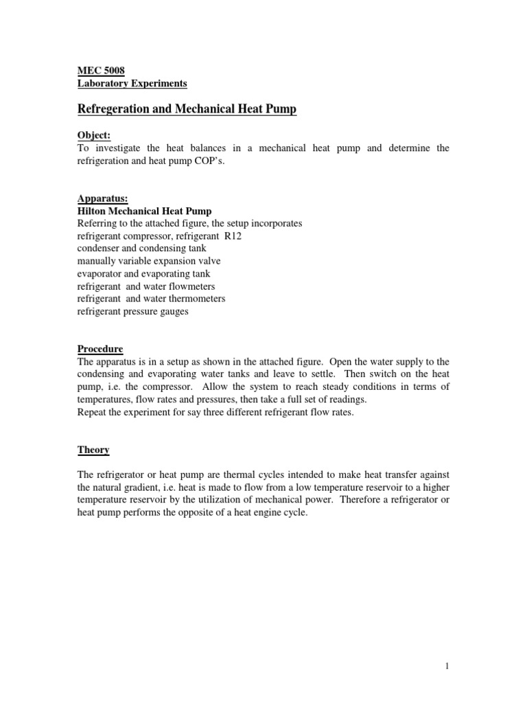 Refregeration and Mechanical Heat Pump: MEC 5008 Laboratory Experiments ...