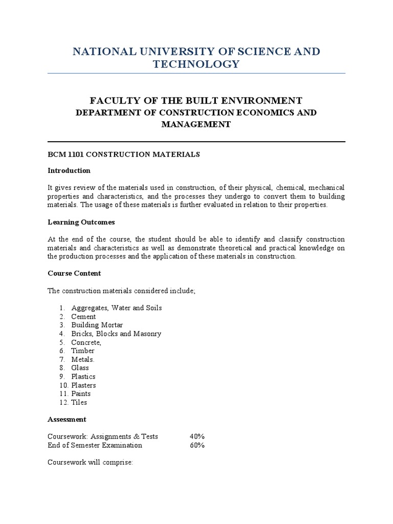 BCM 1101 Construction Materials Module Outline 2020 | PDF