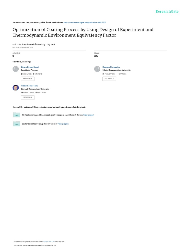 Optimization of Coating Process by Using Design of Experiment and Thermodynamic Environment ...