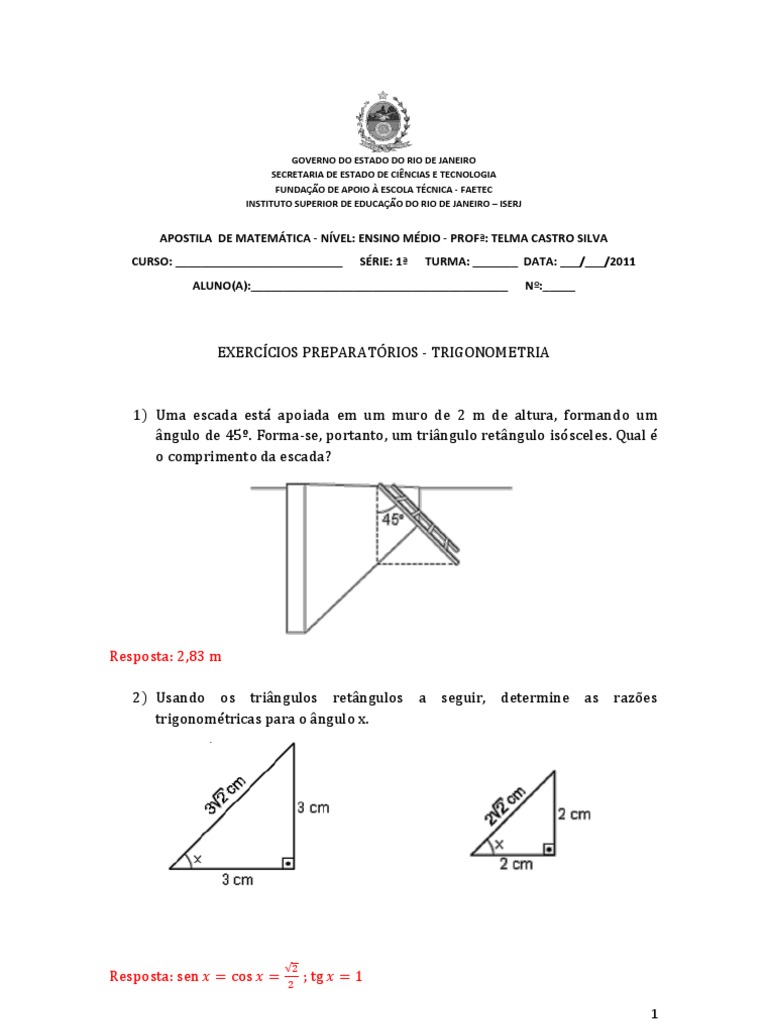 Exercicios de Trigonometria 1 | PDF