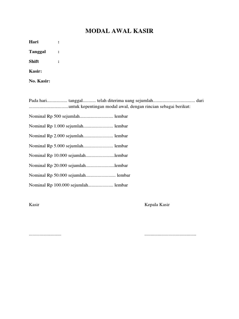 Form Modal Awal Kasir | PDF