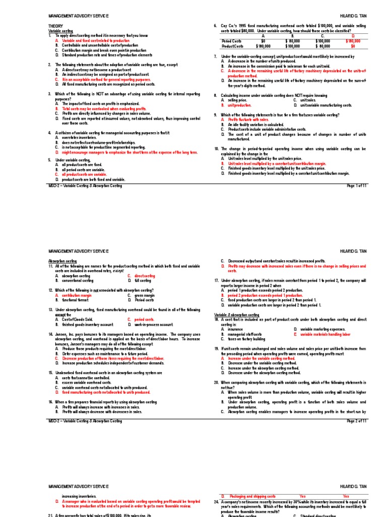 MSQ 02 Variable Absorption Costing | PDF | Cost Of Goods Sold | Inventory