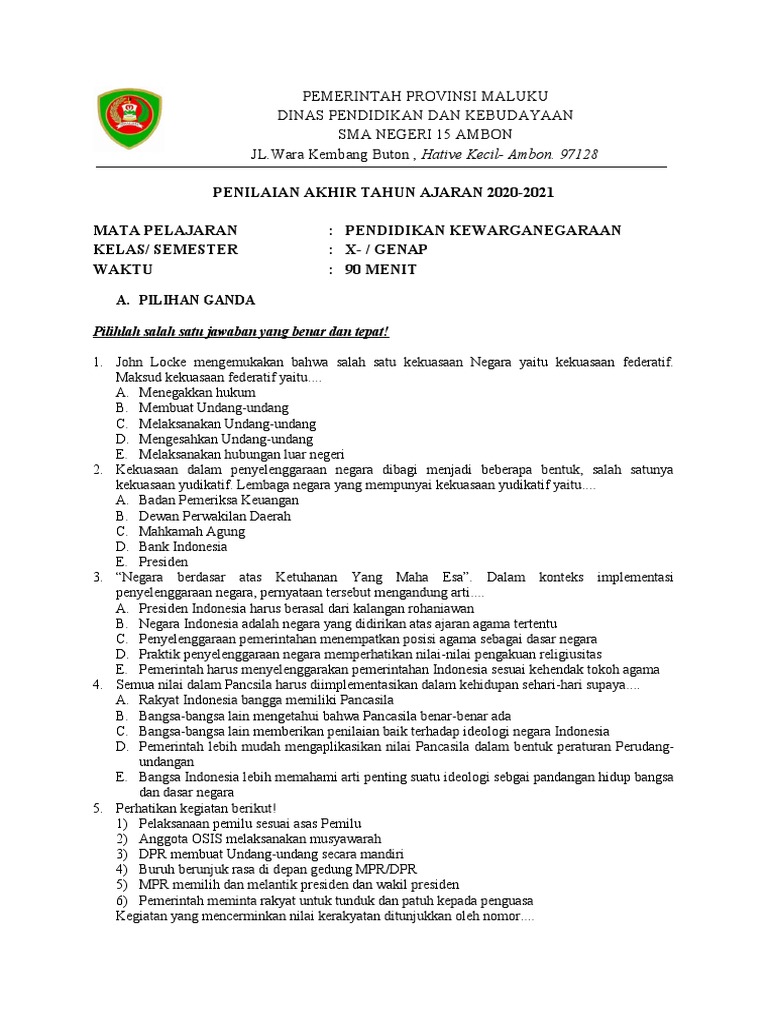Soal PKn Kelas X Semester Genap | PDF