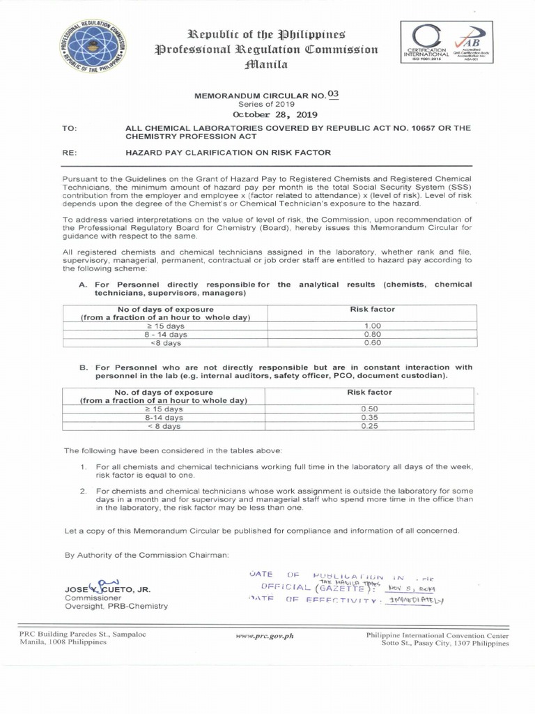 PRC Memorandum Circular No. 03 (Hazard Pay Clarifiation On Risk Factor ...