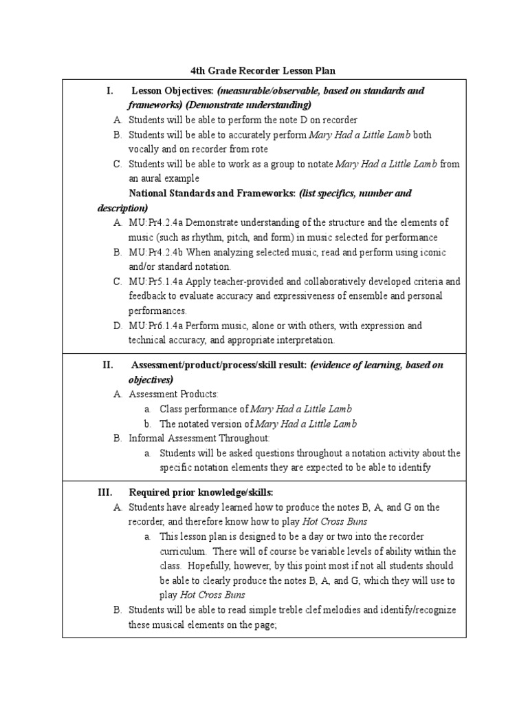 Recorder Lesson Plan Midterm | PDF | Educational Assessment | Musical ...