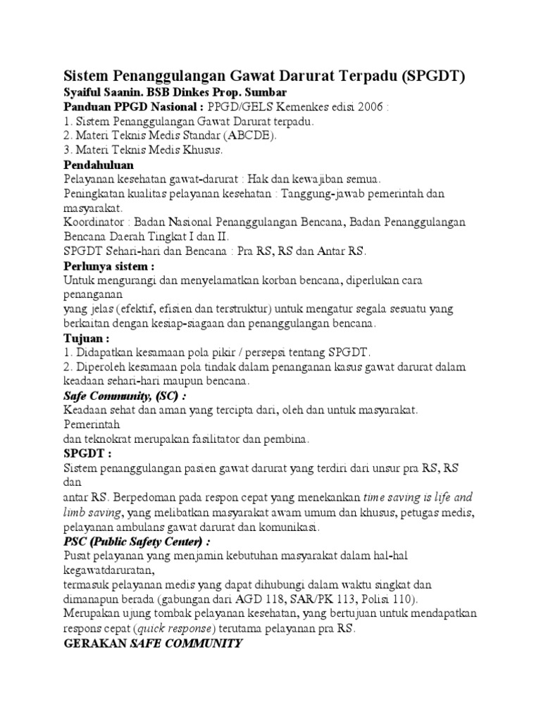 Sistem Penanggulangan Gawat Darurat Terpadu (SPGDT) | PDF | Pengembangan Diri