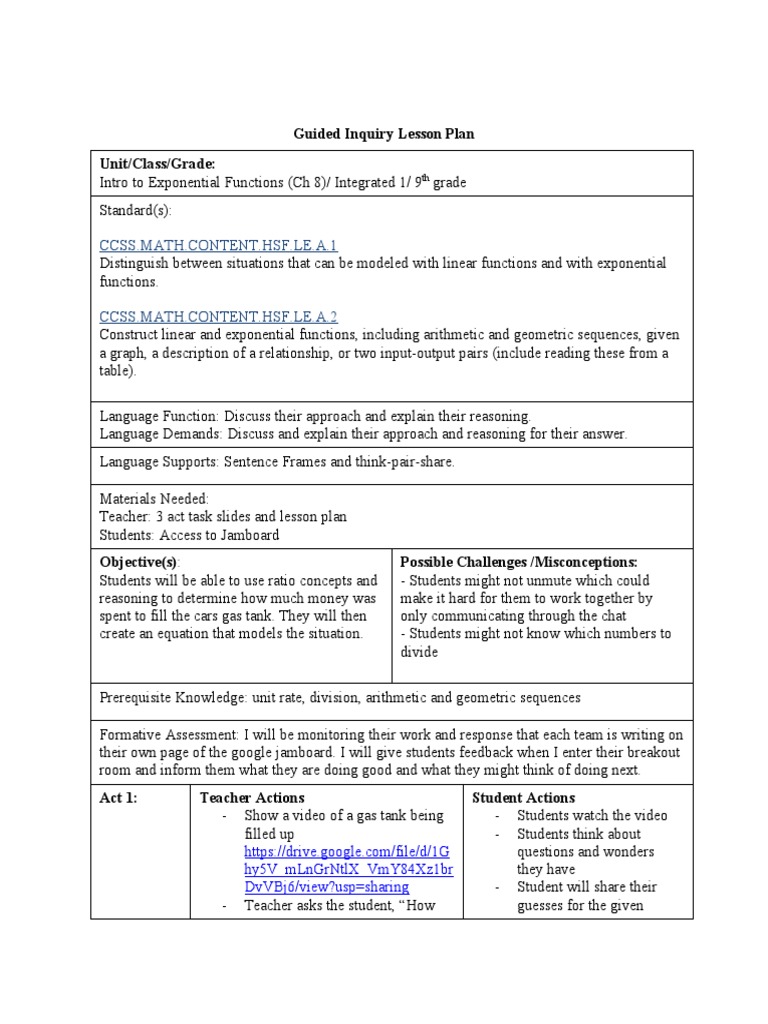 Guided Inquiry Lesson Plan Unit/Class/Grade:: Ccss - Math.Content - Hsf ...