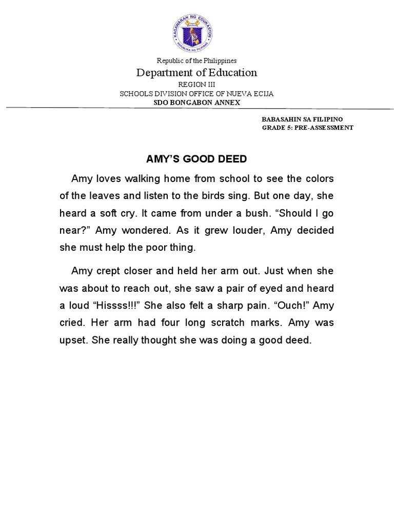 Grade 5 Babasahin Sa Filipino Pre Assessment | PDF