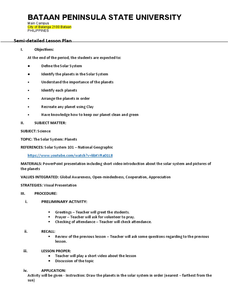 Semi-Detailed & Detailed Lesson Plan | PDF | Lesson Plan | Planets