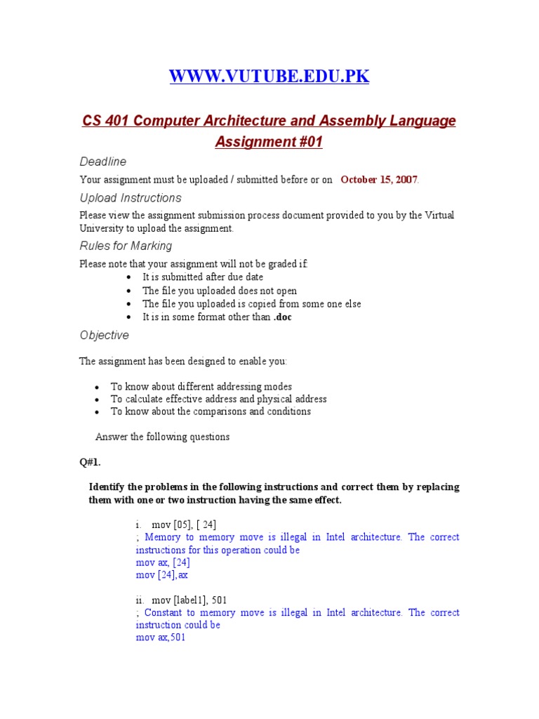 Computer Architecture And Assembly Language Programming Cs401 Fall 2007 Assignment 01 Solution 