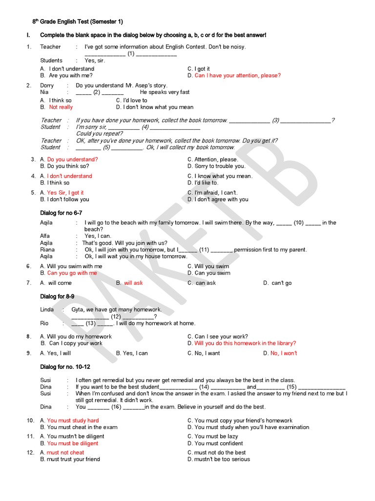 Paket B Soal PAS B.Ing Kelas 8 Semester 1 | PDF | Food And Drink | Foods