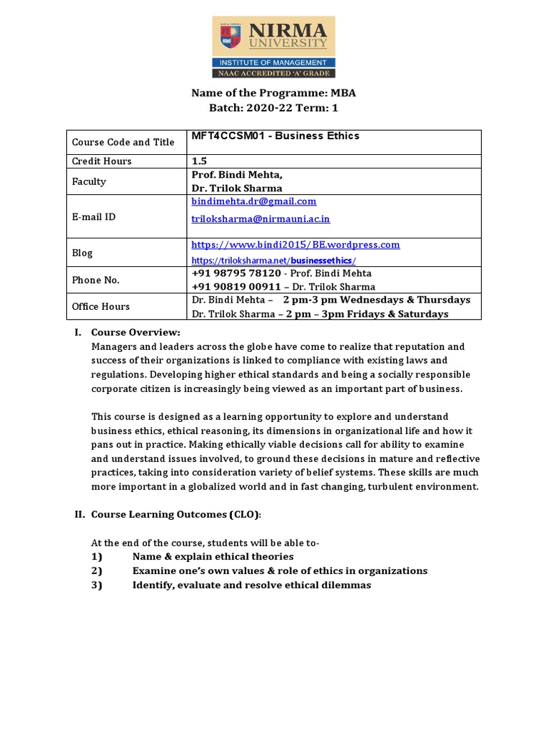 BE-Course Outline - 2020-22 | Download Free PDF | Business Ethics | Lecture