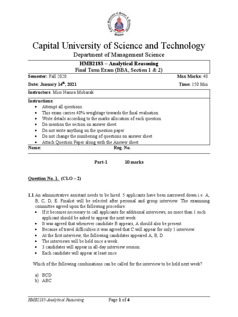 Analytical Reasoning Exam Fall 2020 | PDF | Cognition | Human Nature