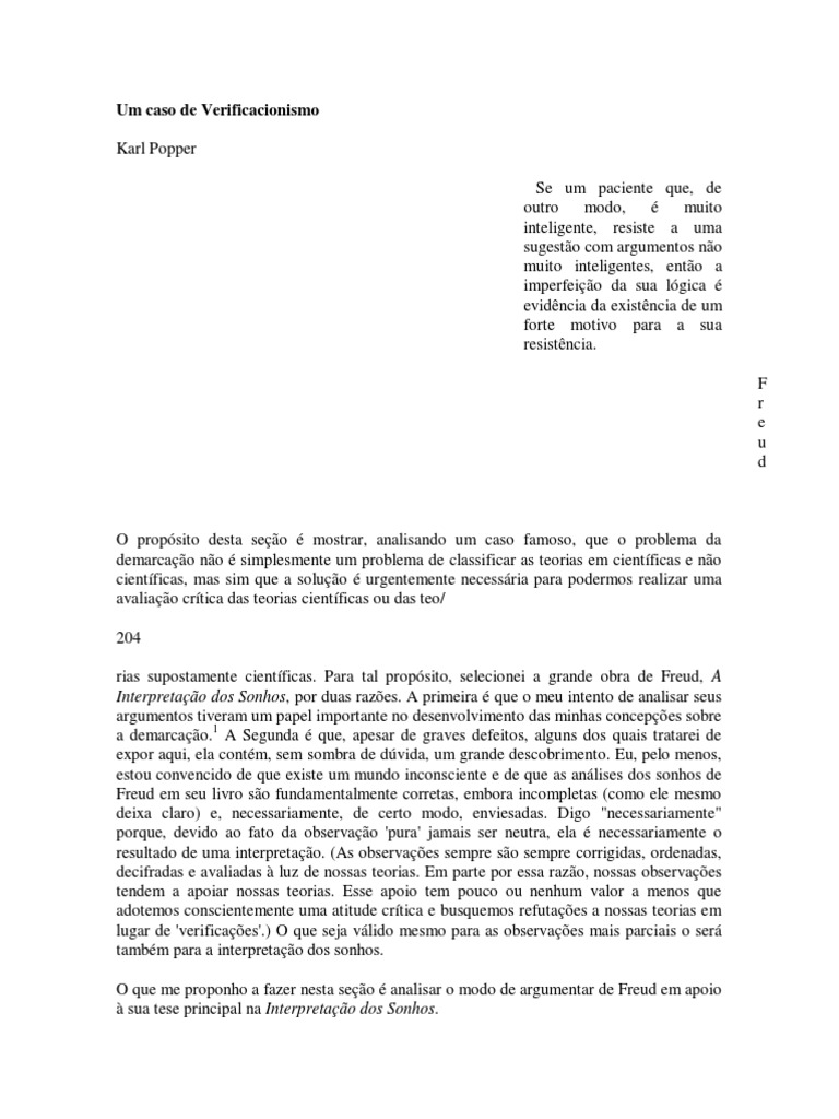 Um Caso de Verificacionismo - Karl Popper | PDF | Sigmund Freud | Sonho