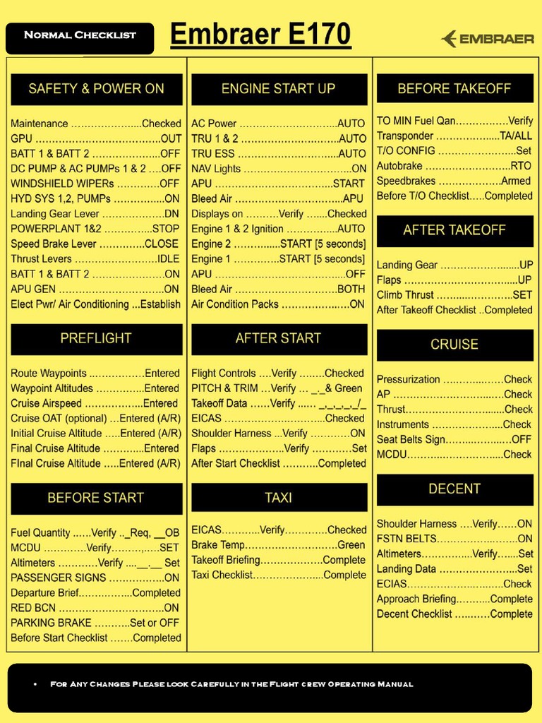 Embraer E170 Normal Checklist For Flight Crew | PDF