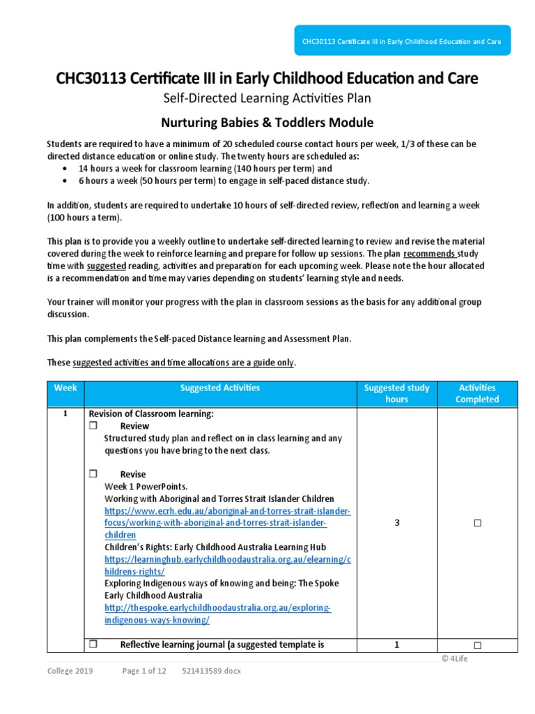 CHC30113 - Cert III ECEC - Self Directed Leaning Plan - 2009A | PDF ...
