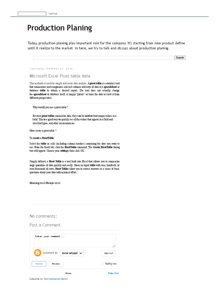 Production Planing - Microsoft Excel Pivot Table Data | PDF ...