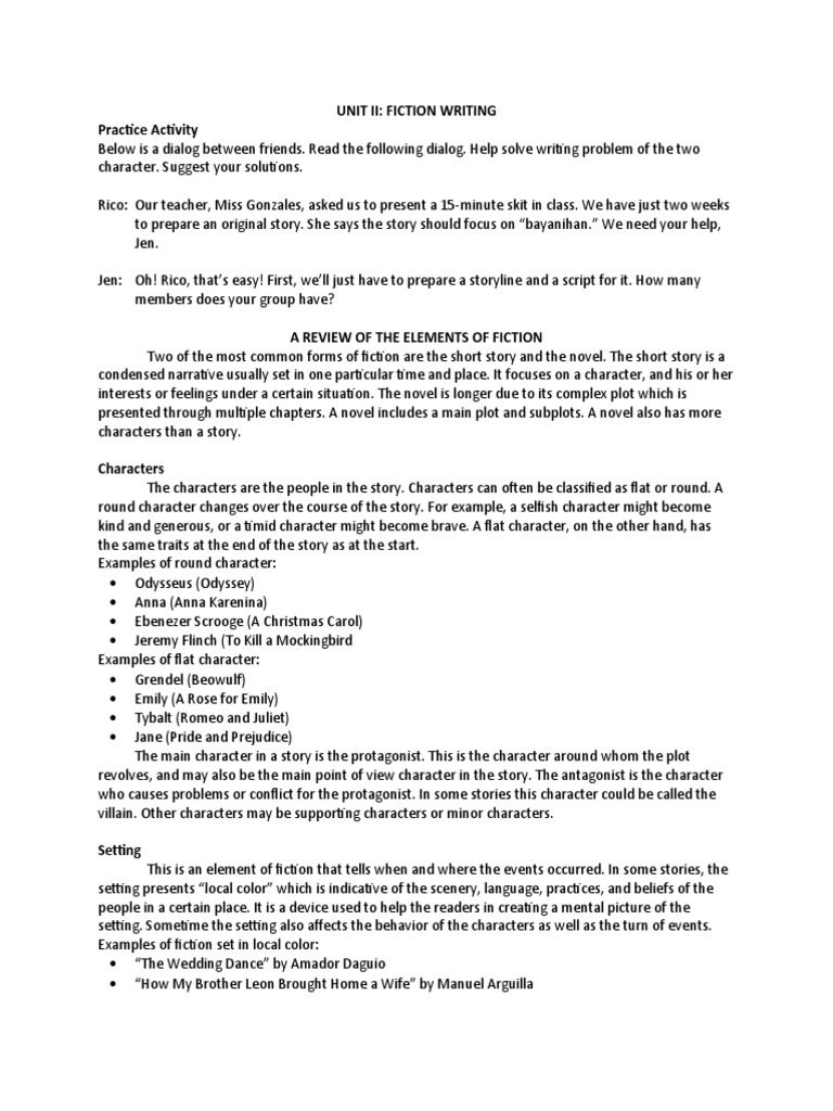 Unit Ii: Fiction Writing Practice Activity | PDF | Plot (Narrative) | Narration