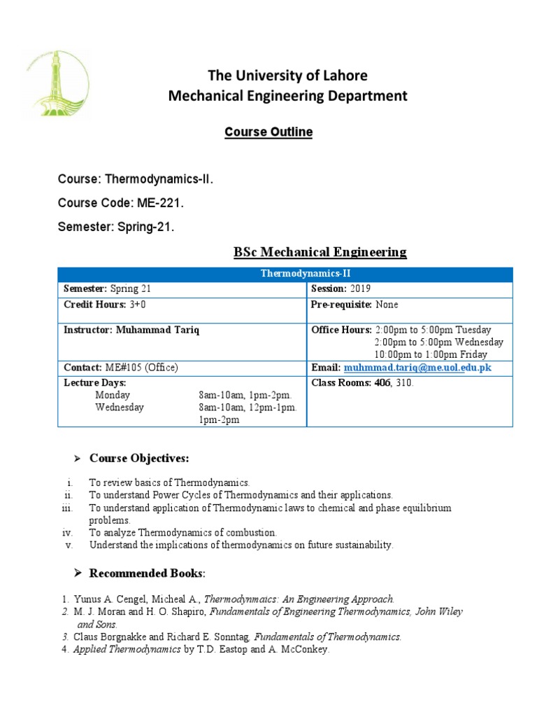 Course Outline Thermodynamics-II | PDF | Exergy | Thermodynamics