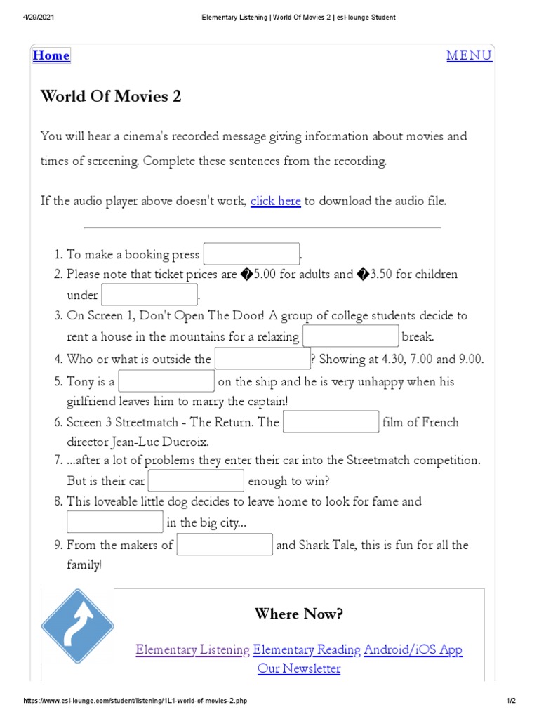 Elementary Listening - World of Movies 2 - Esl-Lounge Student | PDF