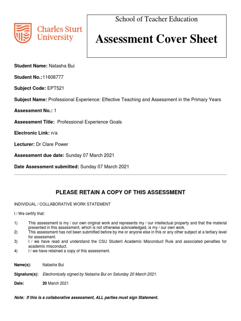 Assessment Cover Sheet: School of Teacher Education | PDF ...