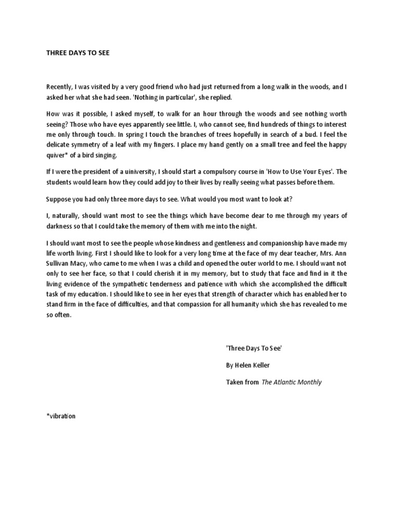 Three Days To See | PDF | Noun | Helen Keller