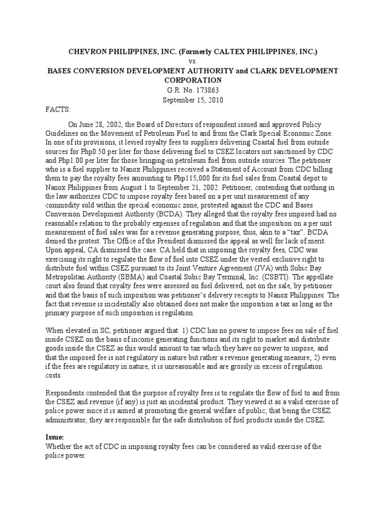 Chevron Philippines, Inc. (Formerly Caltex Philippines, Inc.) Bases Conversion Development ...