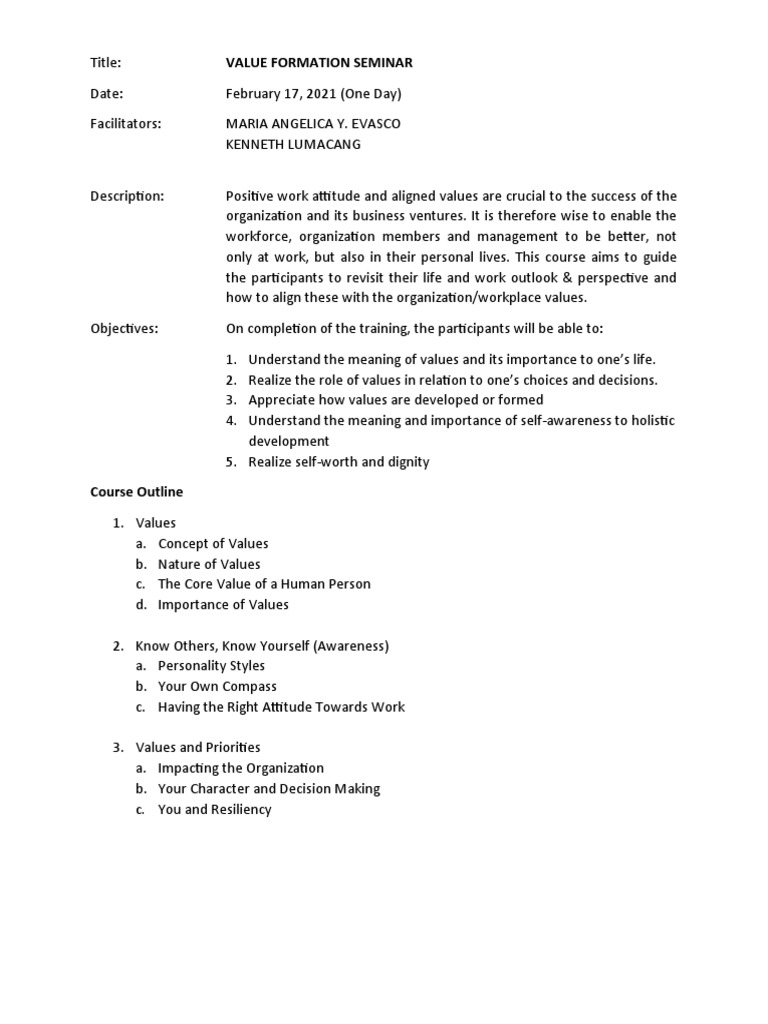 Course Outline - VALUES FORMATION SEMINAR | PDF