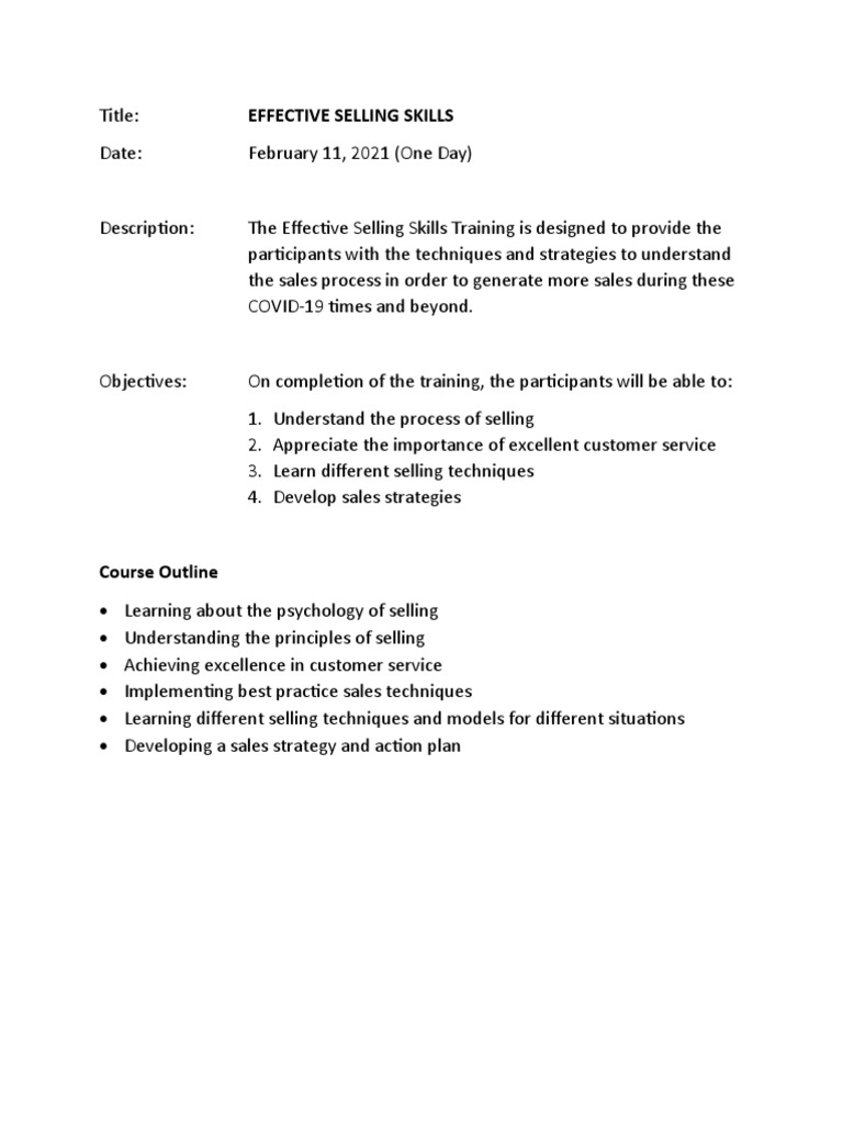 Effective Selling Skills Training Outline | PDF
