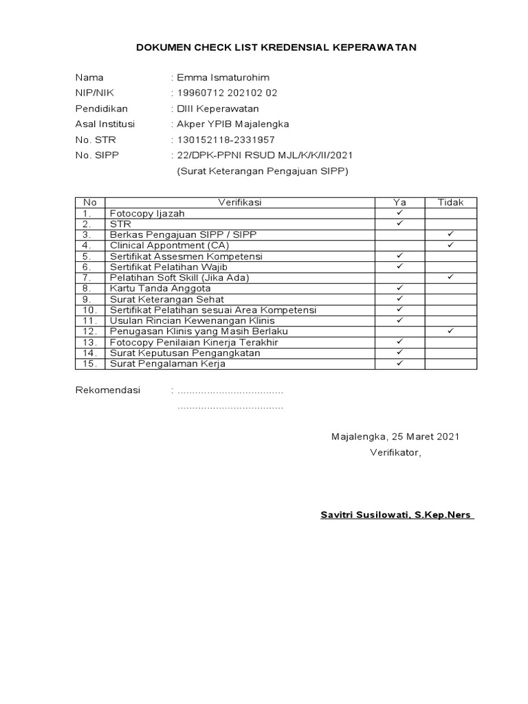 Contoh DOKUMEN CHECK LIST KREDENSIAL KEPERAWATAN | PDF
