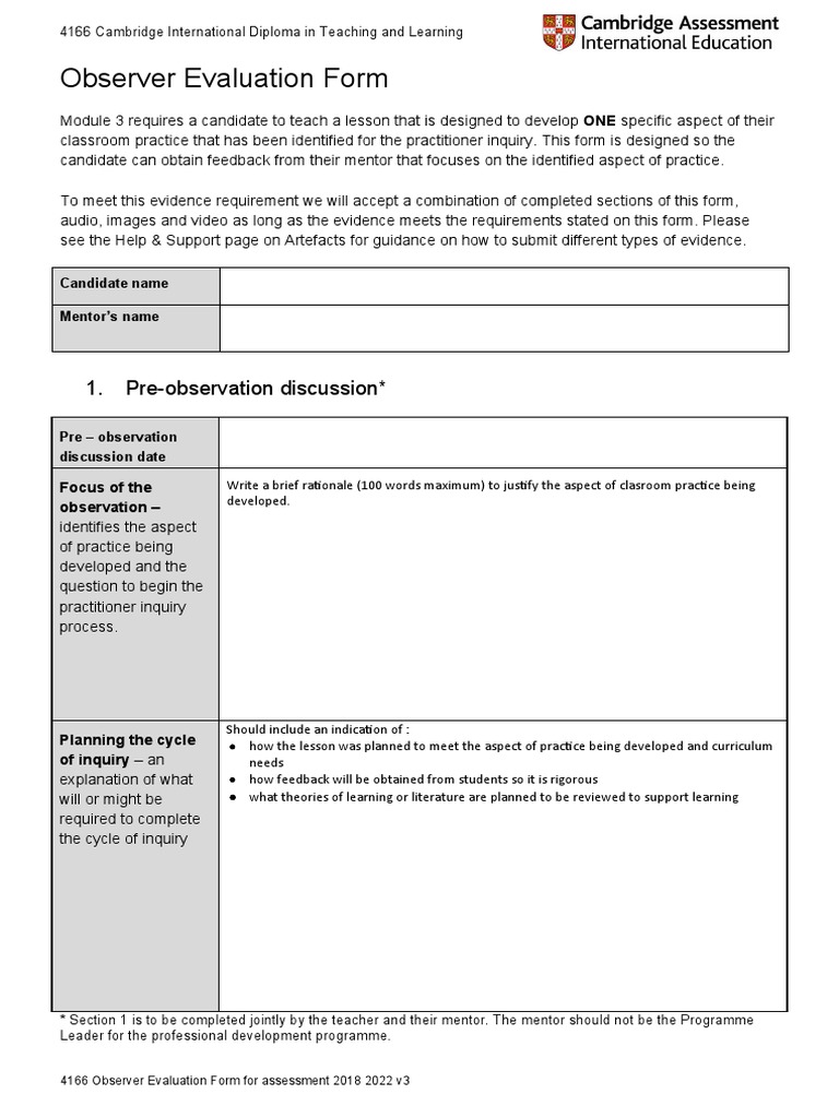 Observer Evaluation Form for Teaching Diploma | PDF | Mentorship ...