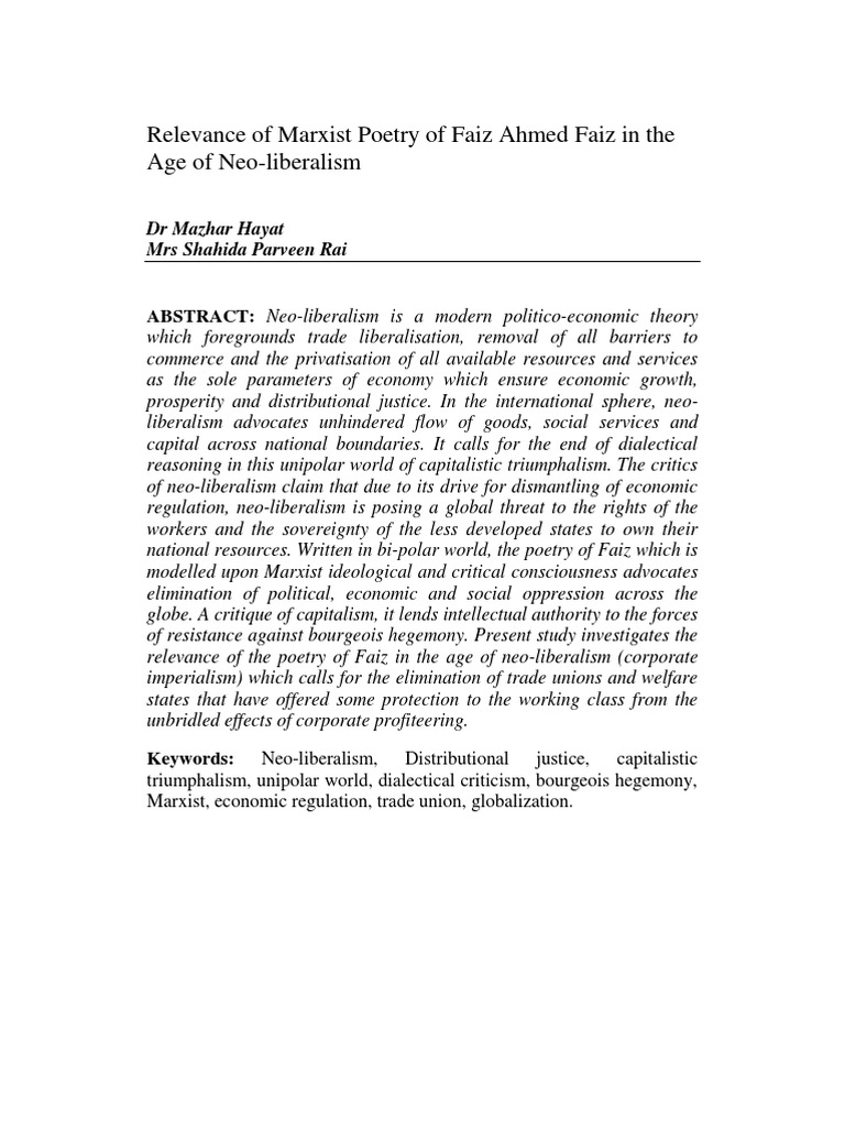 Relevance of Marxist Poetry of Faiz Ahmed Faiz in The Age of Neo ...