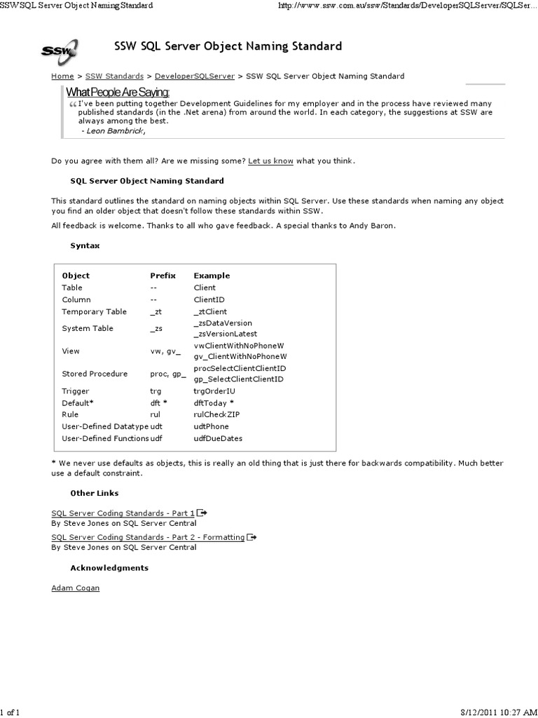 SSW SQL Server Object Naming Standard | PDF | Microsoft Sql Server | Data