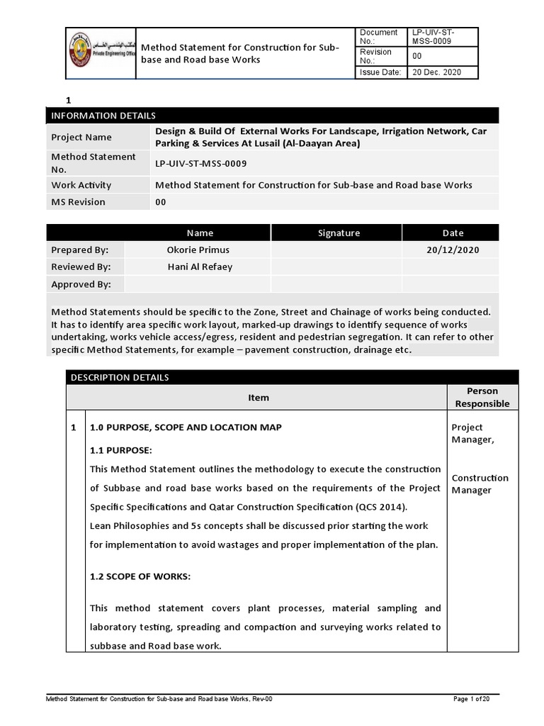 Method Statement For Construction For Sub-Base and Road Base Works | PDF | Construction ...