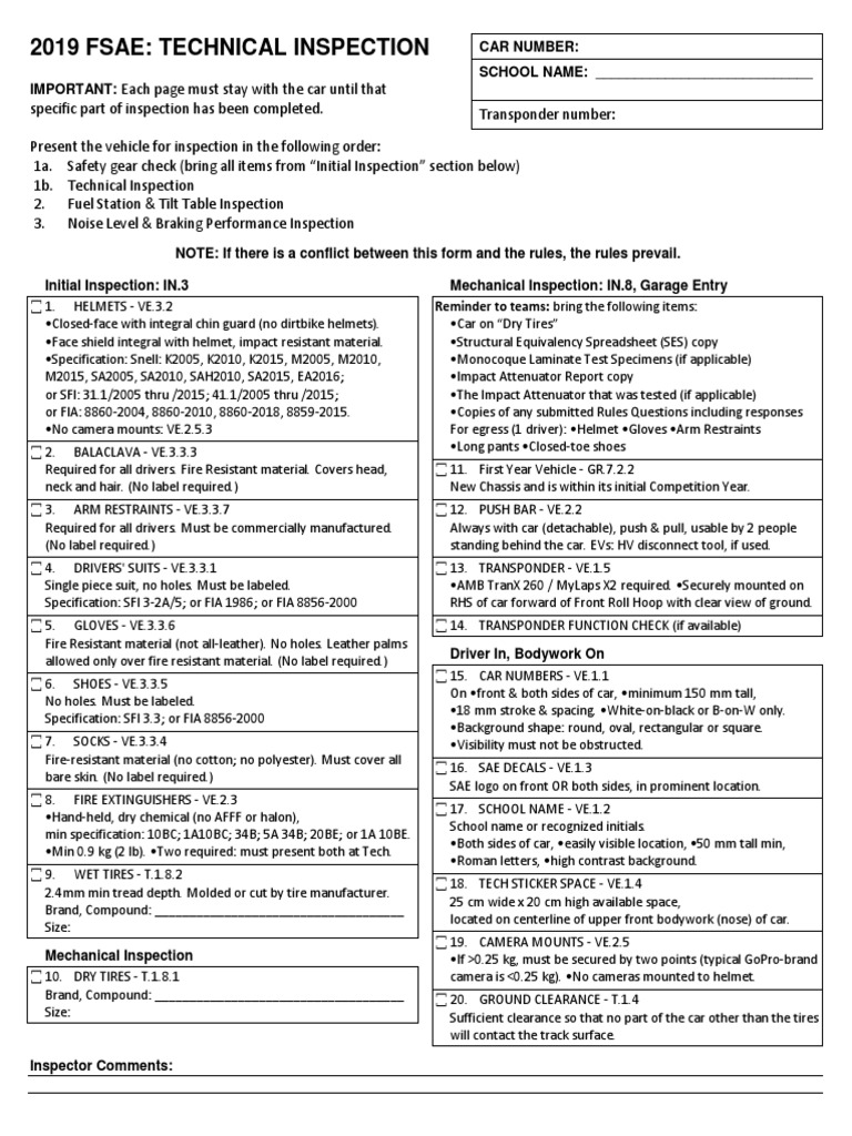 2019 Fsae: Technical Inspection | PDF | Screw | Tire
