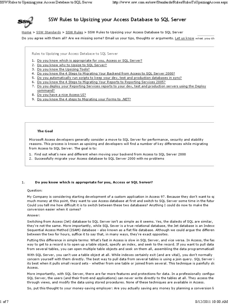 SSW Rules To Upsizing Your Access Database To SQL Server | PDF | Microsoft Sql Server | Databases