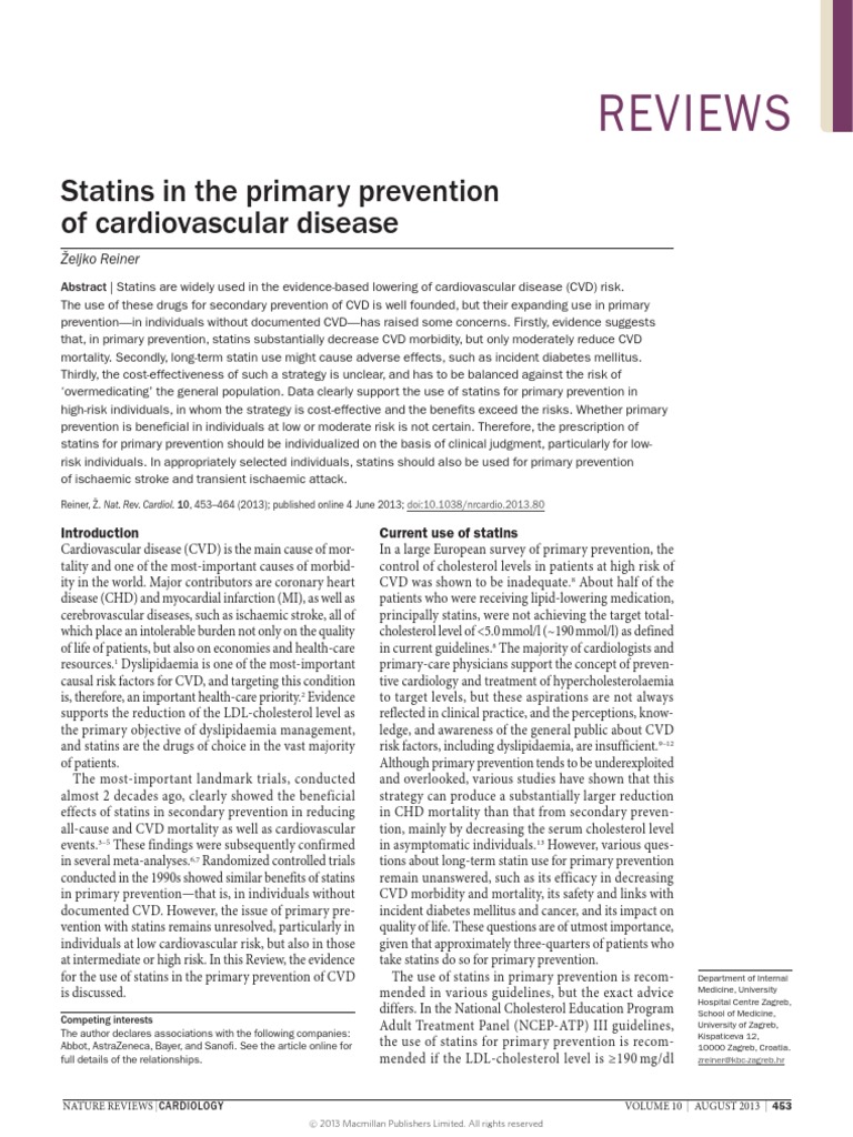 Reviews Statins In The Primary Prevention Of Cardiovascular Disease