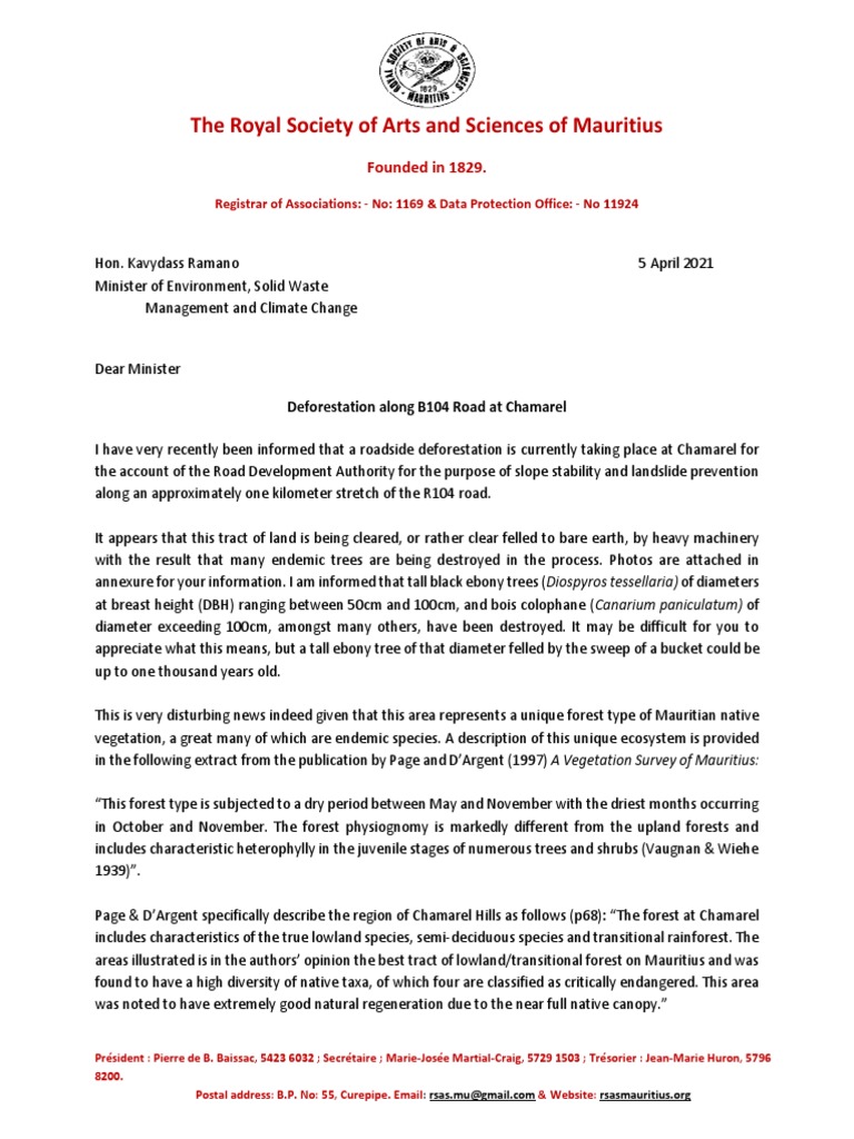 Letter To Minister of MoE Re Deforestation Along Road R104 at Chamarel ...