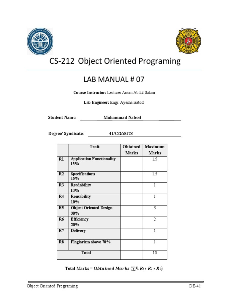 CS-212 Object Oriented Programing: Lab Manual # 07 | PDF | Method ... CS-212 Object Oriented Programing: Lab Manual # 07 | PDF | Method ...