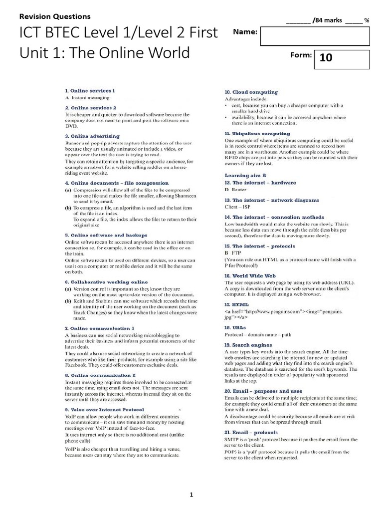 ICT BTEC Level 1/level 2 First Unit 1: The Online World: Name: Form ...