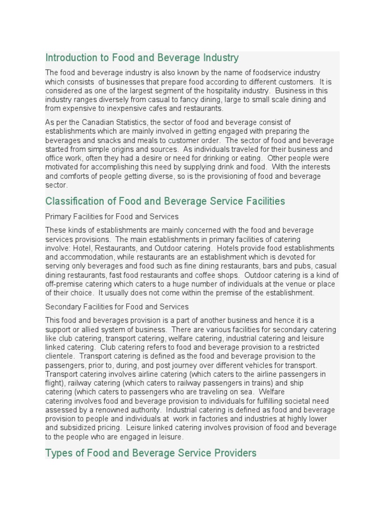 Introduction To Food and Beverage Industry | PDF | Restaurants ...