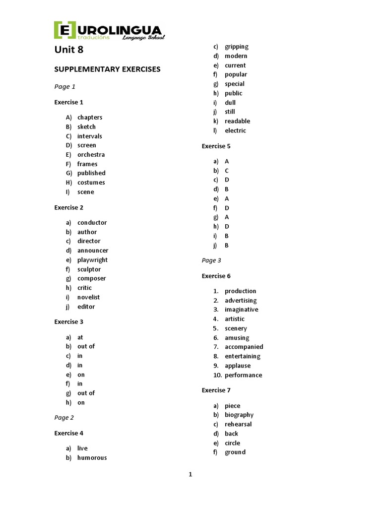 Supplementary Exercises Unit 8 b2 Key | PDF