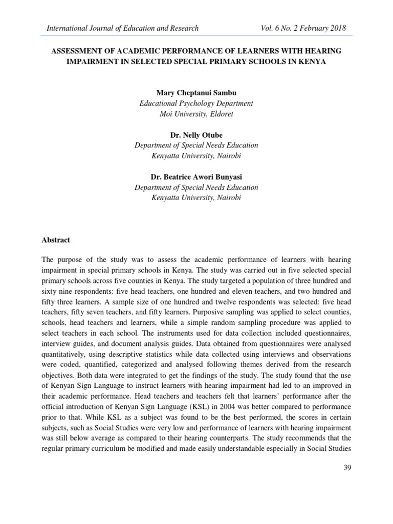 Assessment of Academic Performance of Learners With Hearing Impairment ...