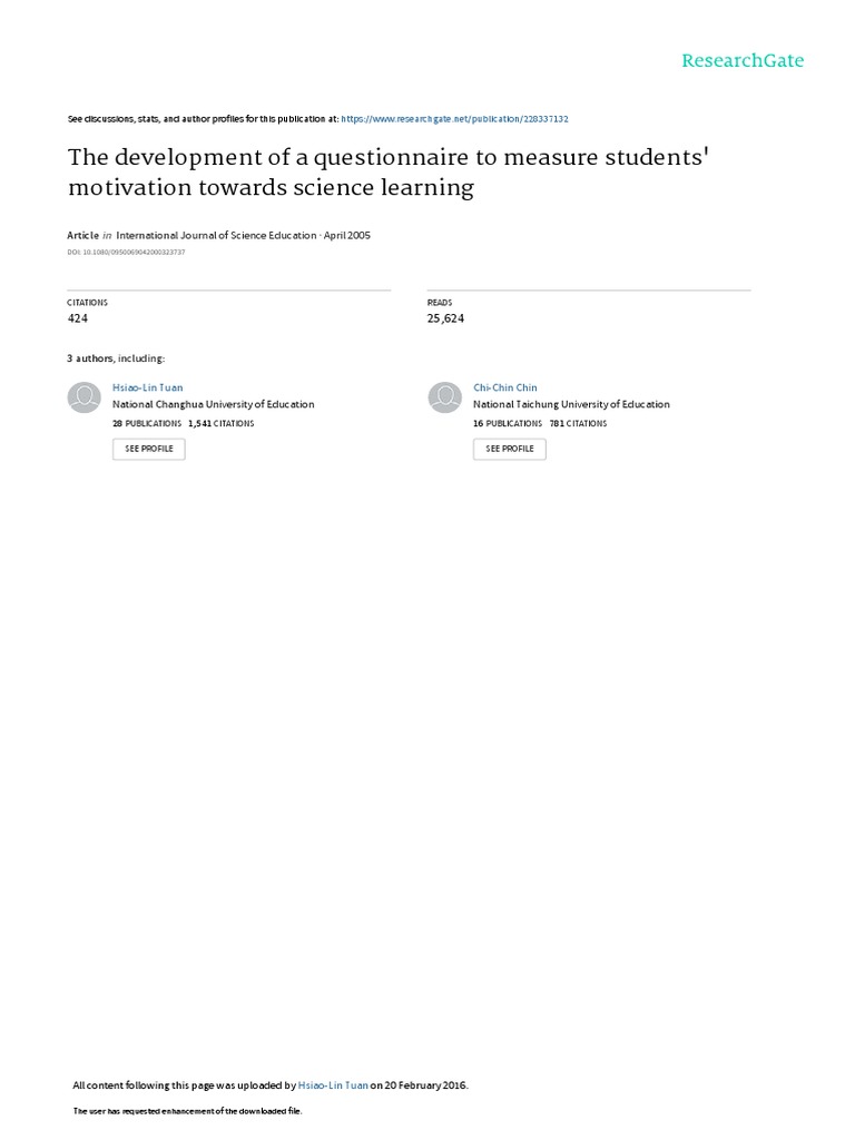The Development of A Questionnaire To Measure Stud | PDF | Self ...