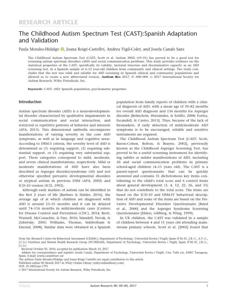 The Childhood Autism Spectrum Test (CAST) :spanish Adaptation and ...