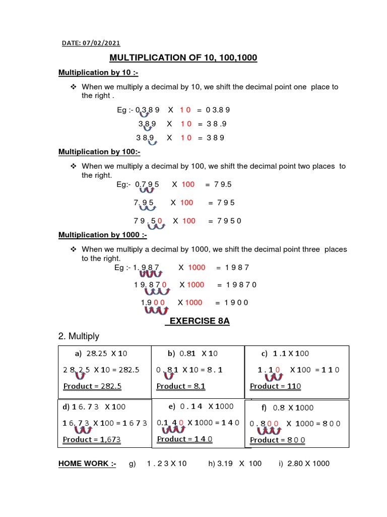 Decimal Multiplication by 10, 100, 1000 | PDF