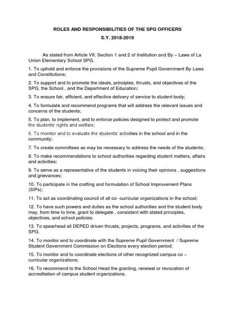 Roles and Responsibilities of The SPG Officers | PDF | Policy | Justice