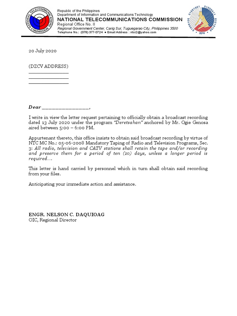 National Telecommunications Commission: Dear | PDF | Public Sphere ...